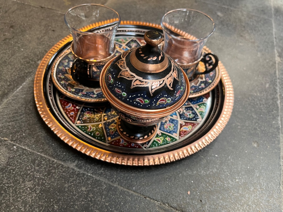 Handmade Copper Tea Serving Set for 2 Person, Hand Painted Varnished ...