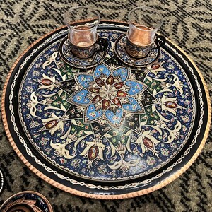 Turkish Tea Set, Blue Tea Service Set for 6 Person, Hand Painted Copper ...