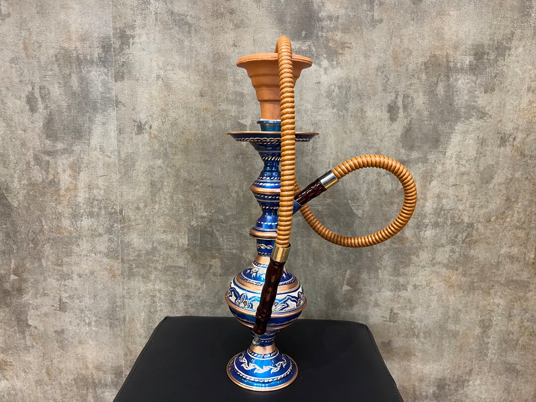 Carved Blue Inlaid Hookah Set, Engraved Turkish Copper Sisha Water Pipe ...