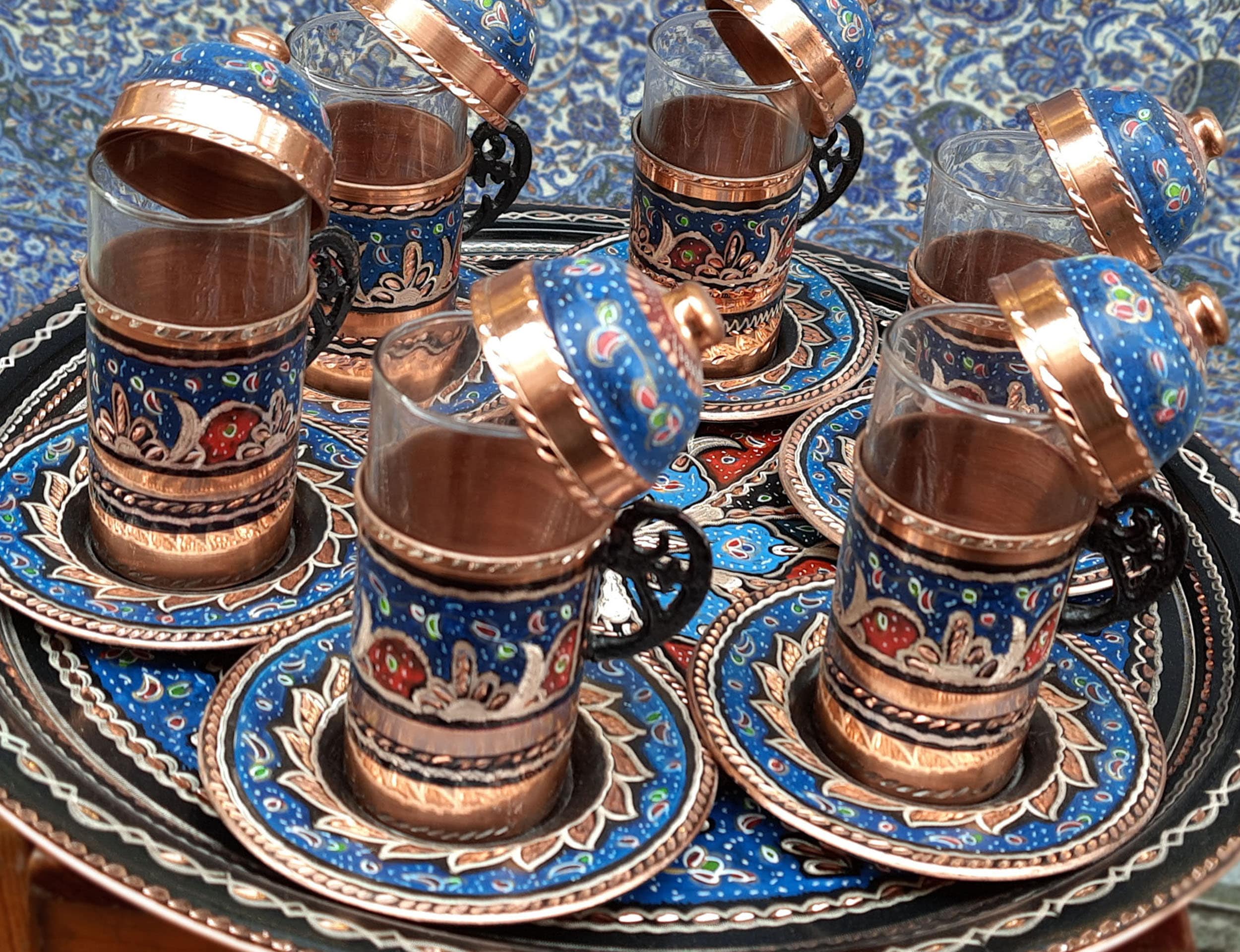 Turkish Tea Set Blue Tea Service Set for 6 Person Hand | Etsy