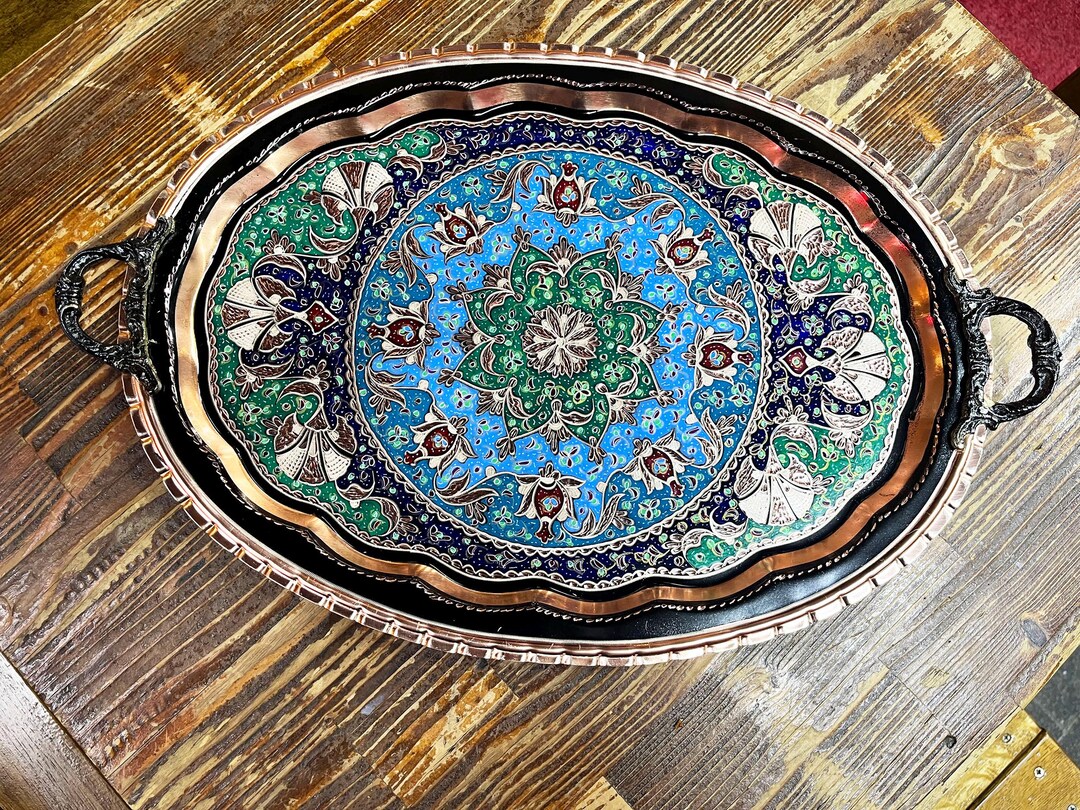 Hand Painted Floral Copper Tray: Decorative Serving Tray With Handles ...
