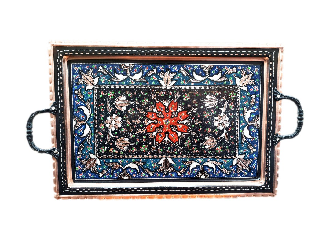 Floral Bohemian Tray, Hand Carved Luxury Serving Tray With Carved ...