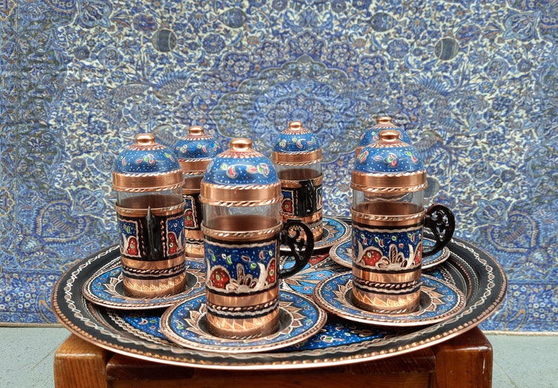 Turkish Tea Set Blue Tea Service Set for 6 Person Hand | Etsy