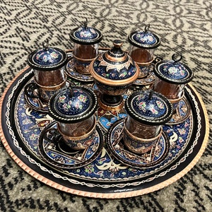 Turkish Tea Set, Blue Tea Service Set for 6 Person, Hand Painted Copper ...
