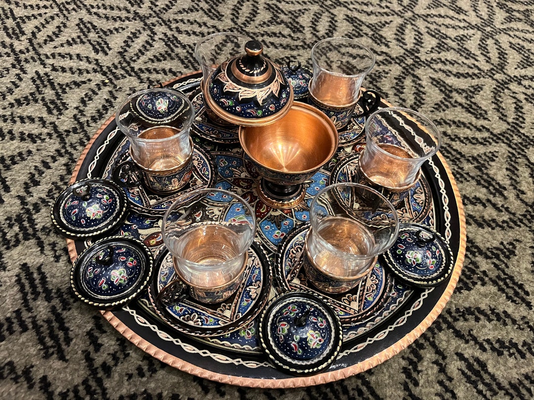 Turkish Tea Set, Blue Tea Service Set for 6 Person, Hand Painted Copper ...