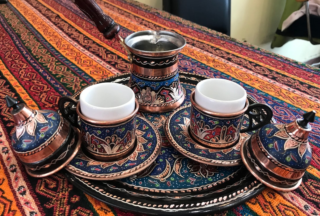 Handmade Coffee Serving Set for 2 Person, Hand Painted Copper Coffee ...