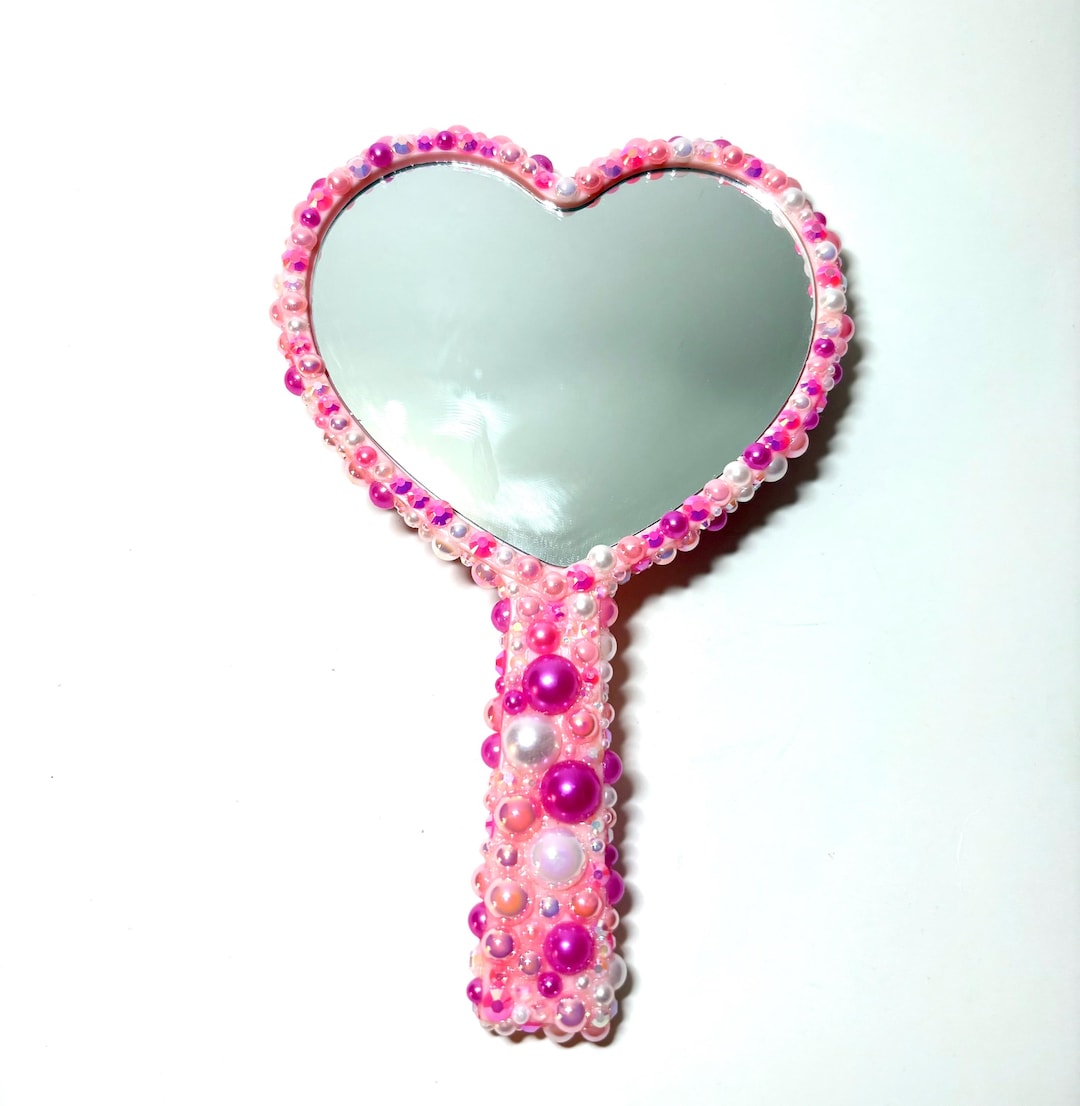 Handheld Heart Mirror, Hot Pink Pearl Mirror, Bedazzled Handheld Mirror ...