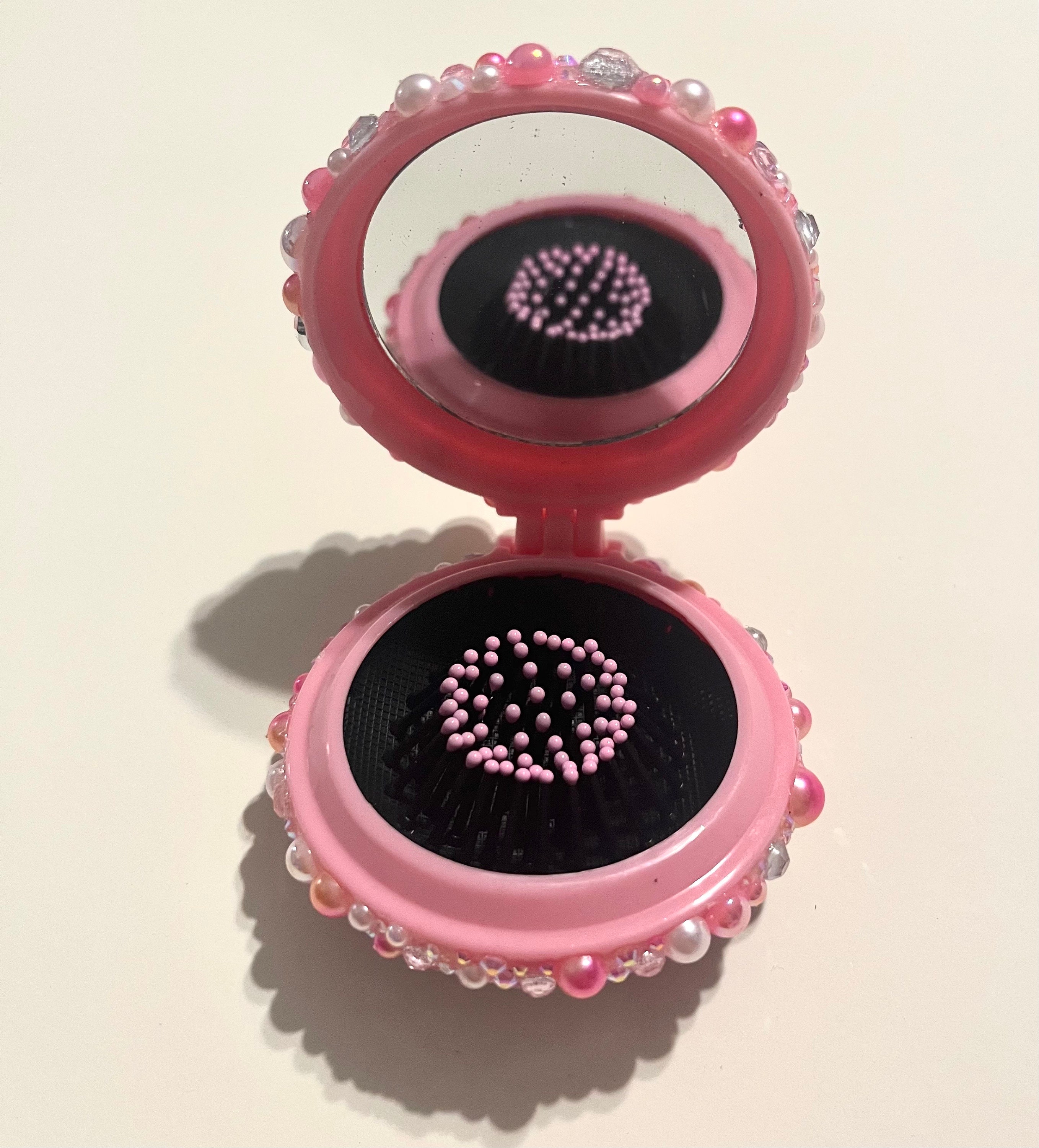 Pink Bedazzled Compact Mirror Brush, Pearl Rhinestone Bling - Etsy