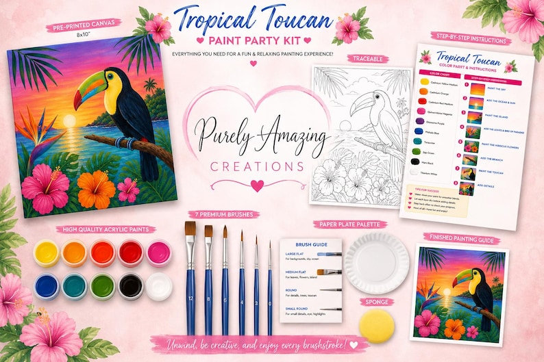 Toucan Paint and Sip Painting, Complete Paint Party Kit, Digital ...