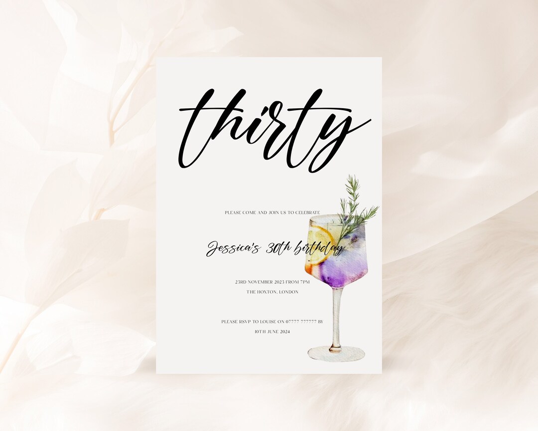 30th Birthday Party Invitation, Cocktail Birthday Invitation, Gin Fizz ...