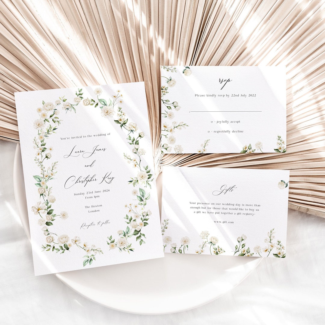 White Rose Wedding Invitation, Floral Wedding Invitation, Floral ...