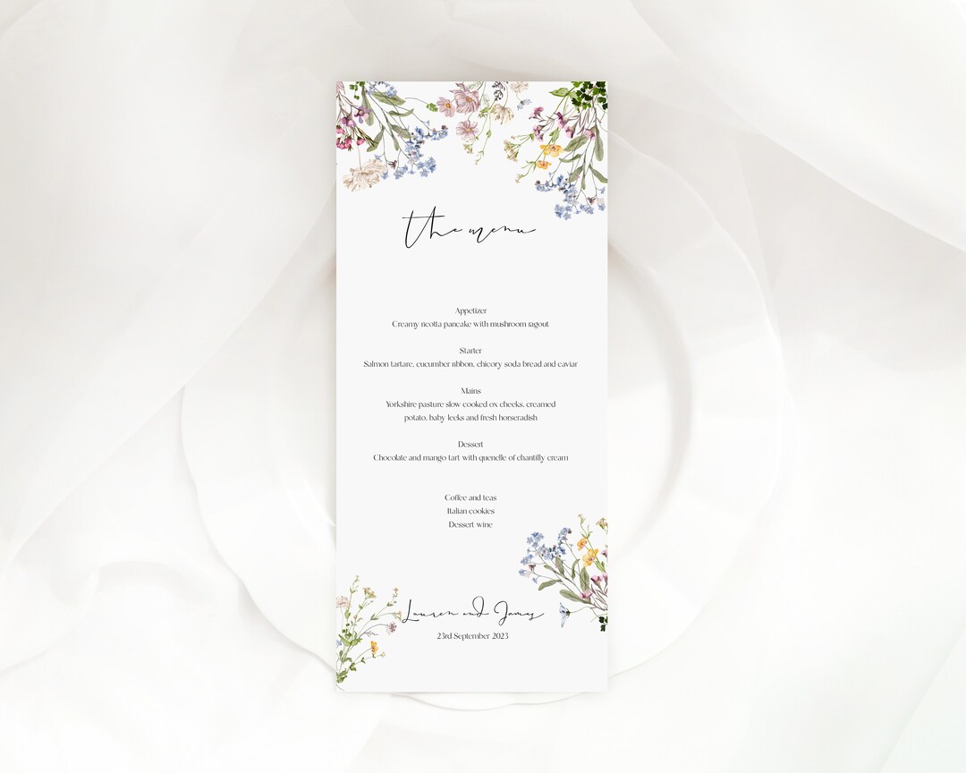 HARLOW Spring Flower Menu, Wild Flower Wedding Editable Menu, Floral ...