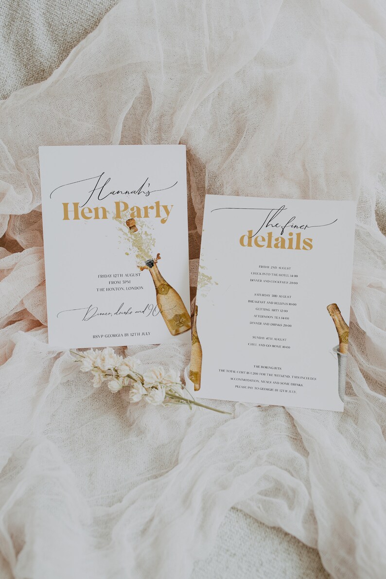 Gold Hen Do Invite, Prosecco Hen Party Invite, Champagne Bridal Shower ...