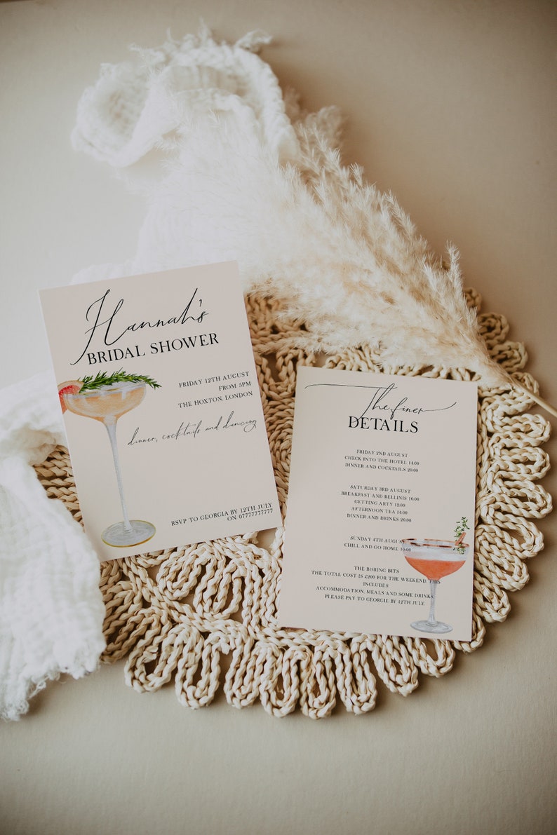 Hen Do Invite, Cocktail Hen Party Invitation, Pink Hen Do Invite ...