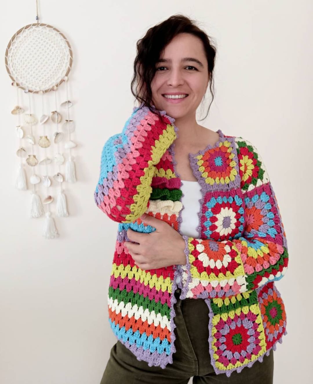 Boho Style Crochet Cardigan Sweater, Colorful Patchwork Cardigan ...