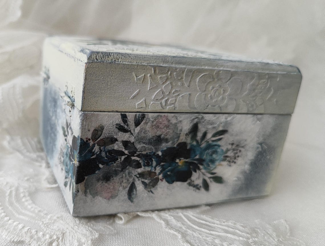 Decoupage Wooden Box, Vintage Blue Flower Treasure Chest, Vintage Box ...