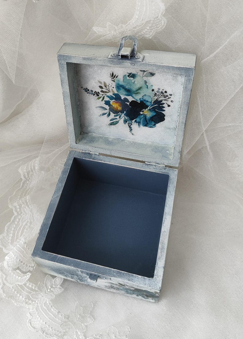 Decoupage Wooden Box, Vintage Blue Flower Treasure Chest, Vintage Box ...