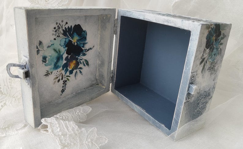 Decoupage Wooden Box, Vintage Blue Flower Treasure Chest, Vintage Box ...