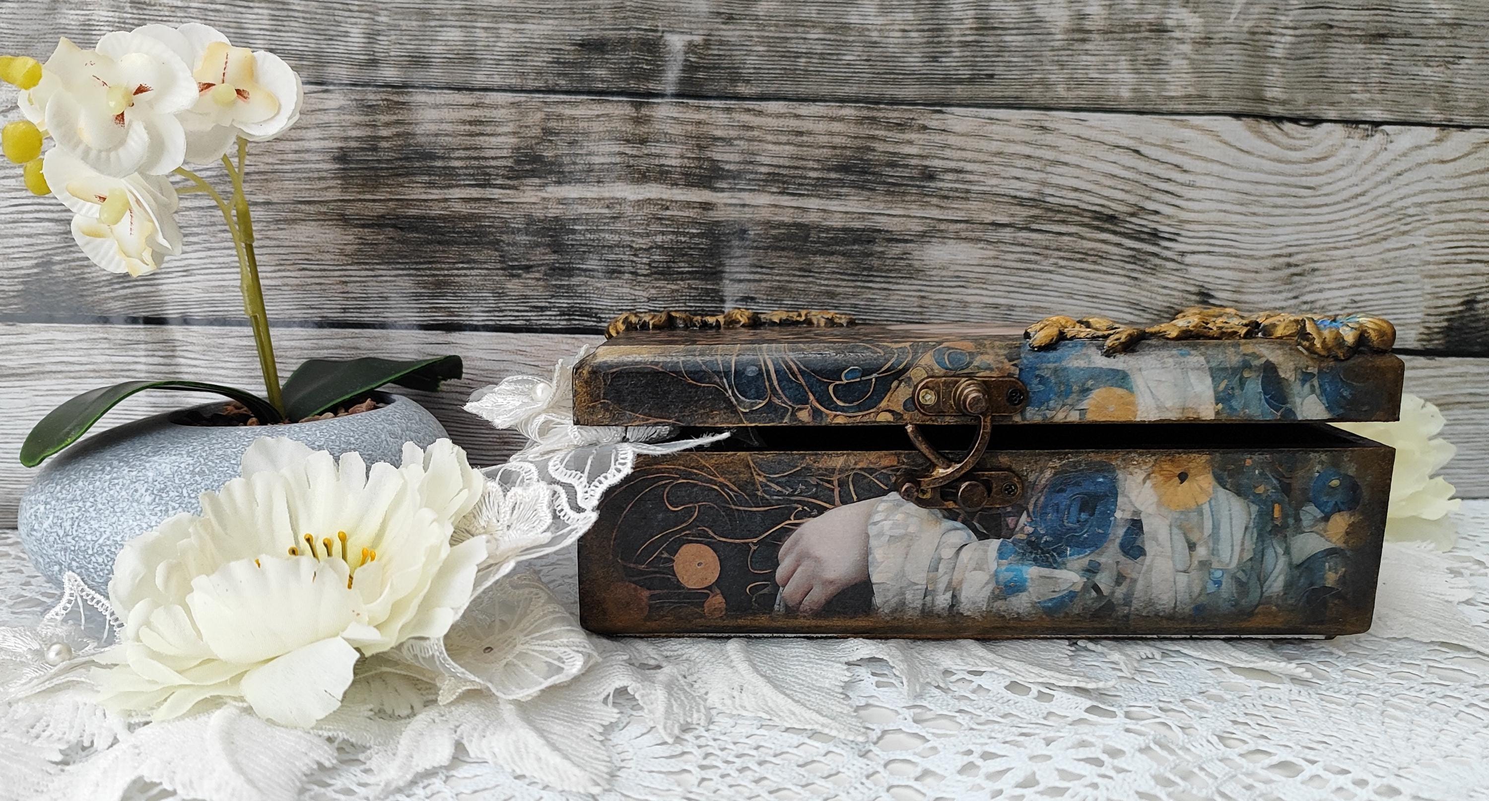 Decoupage Wooden Keepsake Box, Vintage Lady Portrait, Blue Black Gold ...