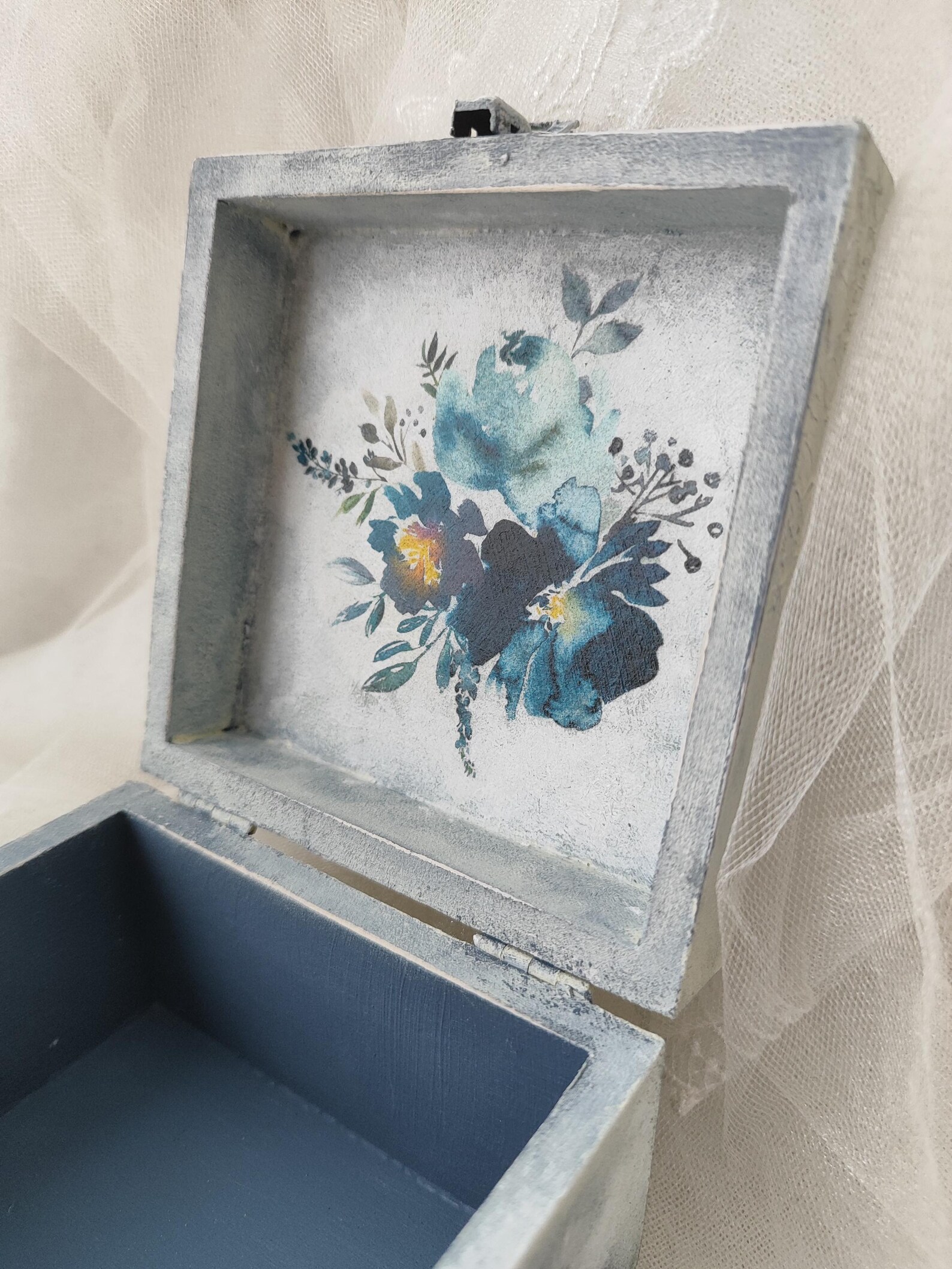 Decoupage Wooden Box, Vintage Blue Flower Treasure Chest, Vintage Box ...