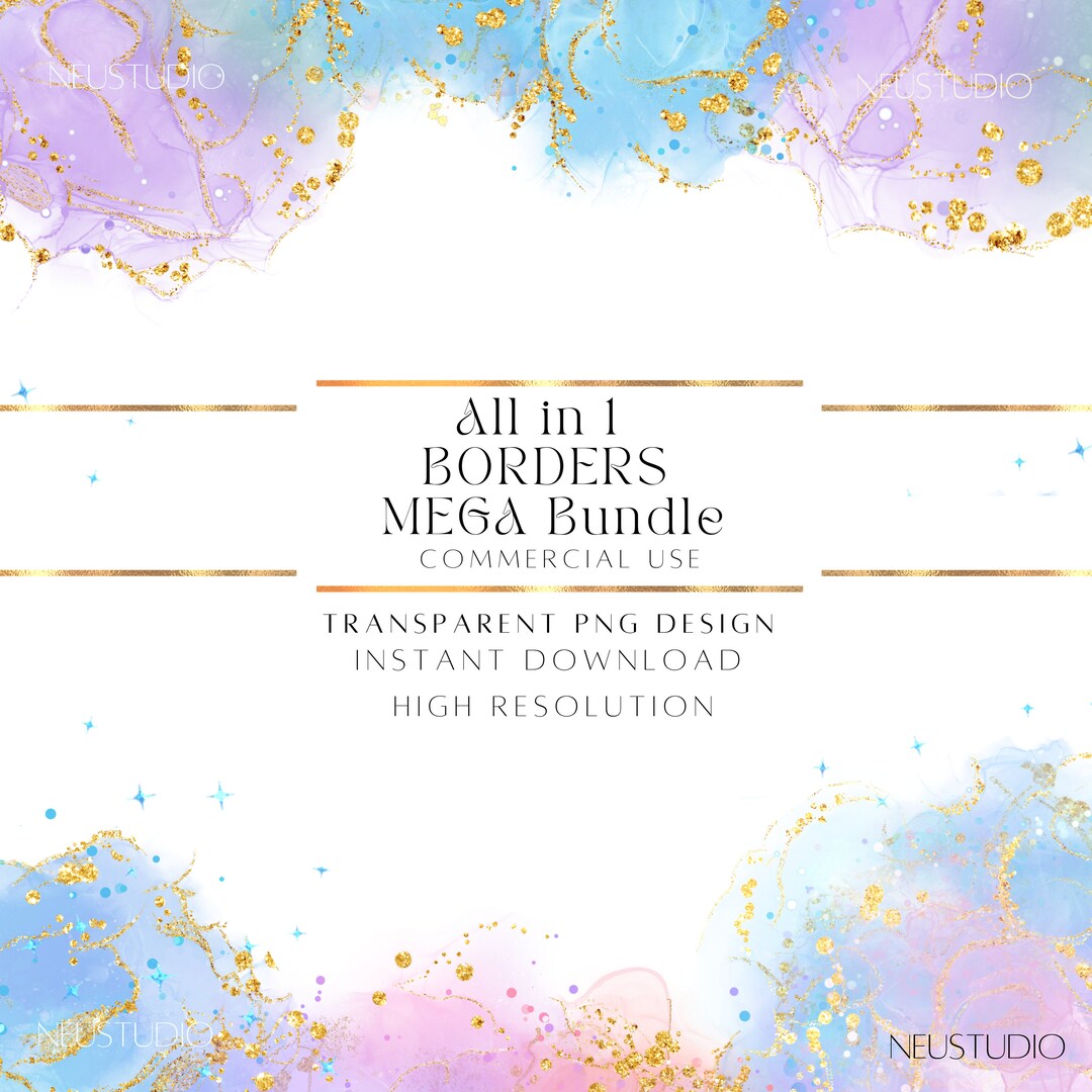 Watercolor Borders PNG Clipart With Gold Glitter Sparkle BUNDLE ...