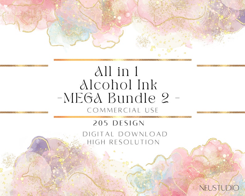 Watercolor Borders + Alcohol Ink PNG Bundle, Gold Glitter Clipart ...