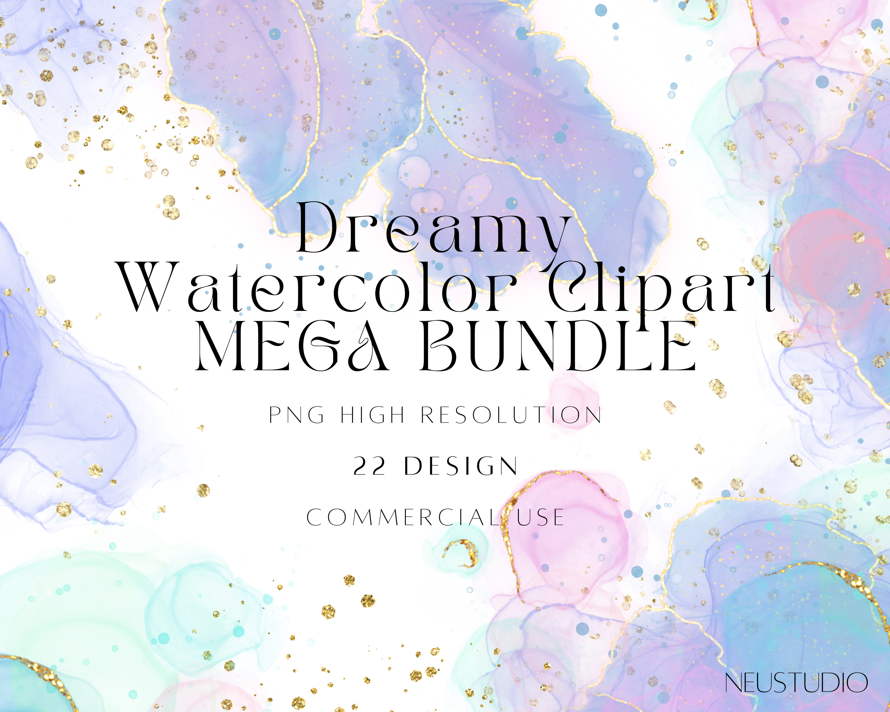 Watercolor Clipart PNG + Pastel Alcohol Ink Borders, Backgrounds for ...