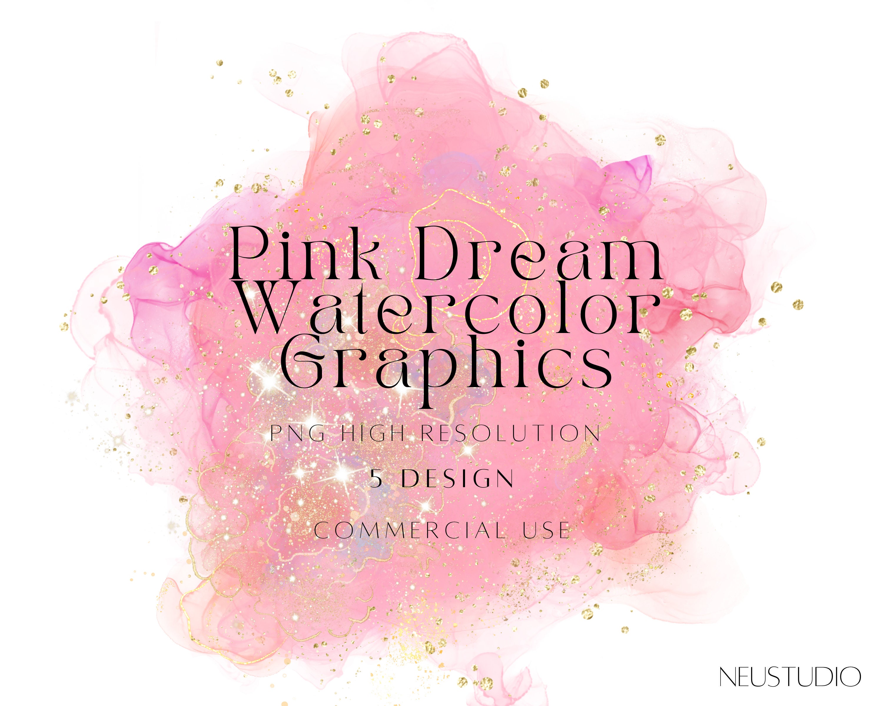Pink Watercolor Clipart With Gold Glitters Watercolor - Etsy