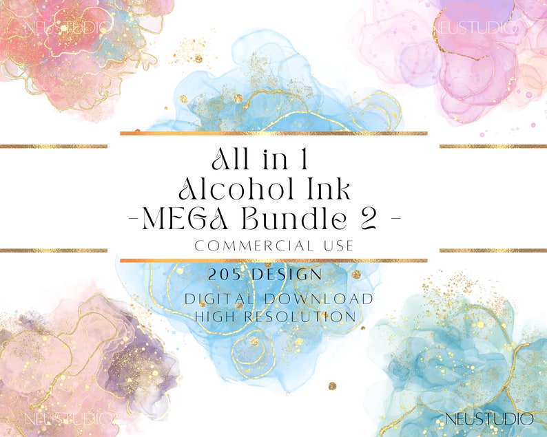 Watercolor Borders + Alcohol Ink PNG Bundle, Gold Glitter Clipart ...