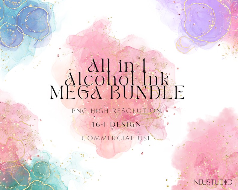 Alcohol Ink Borders and Splatter PNG Set, Watercolor Clipart Bundle ...