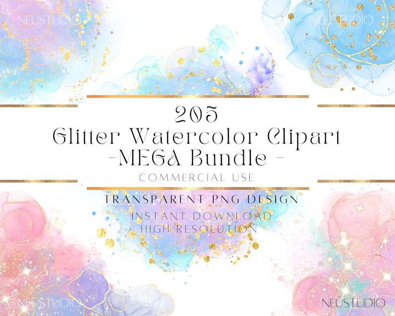 Watercolor Borders + Alcohol Ink PNG Bundle, Gold Glitter Clipart ...