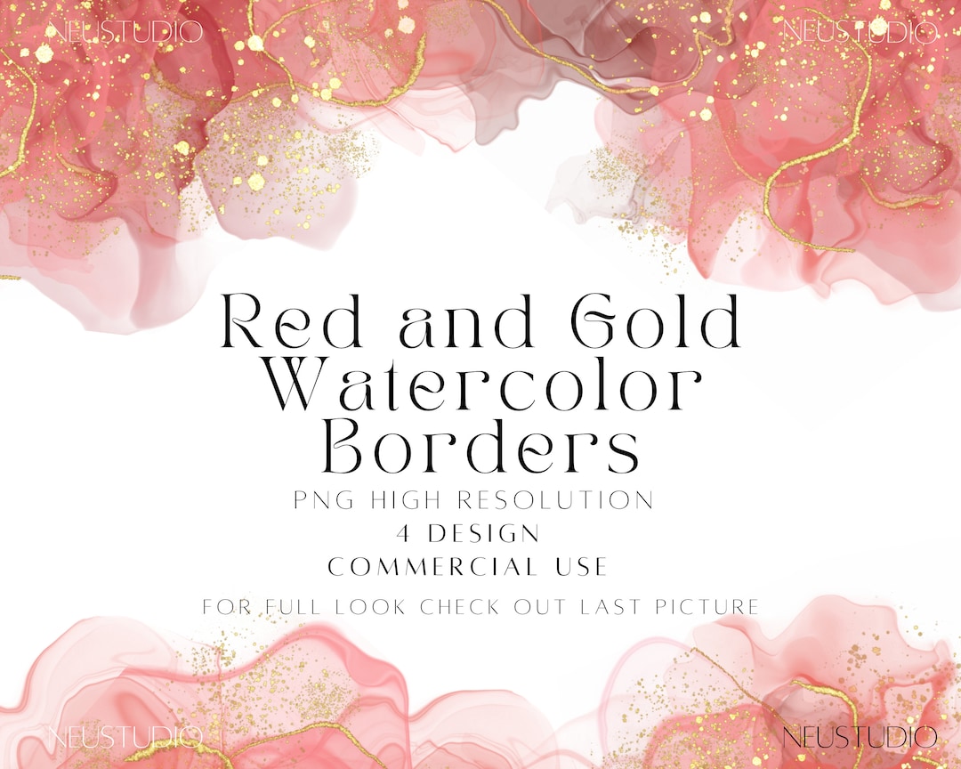 Red Watercolor Borders, Red and Gold Glitter Borders, Valentines Day ...