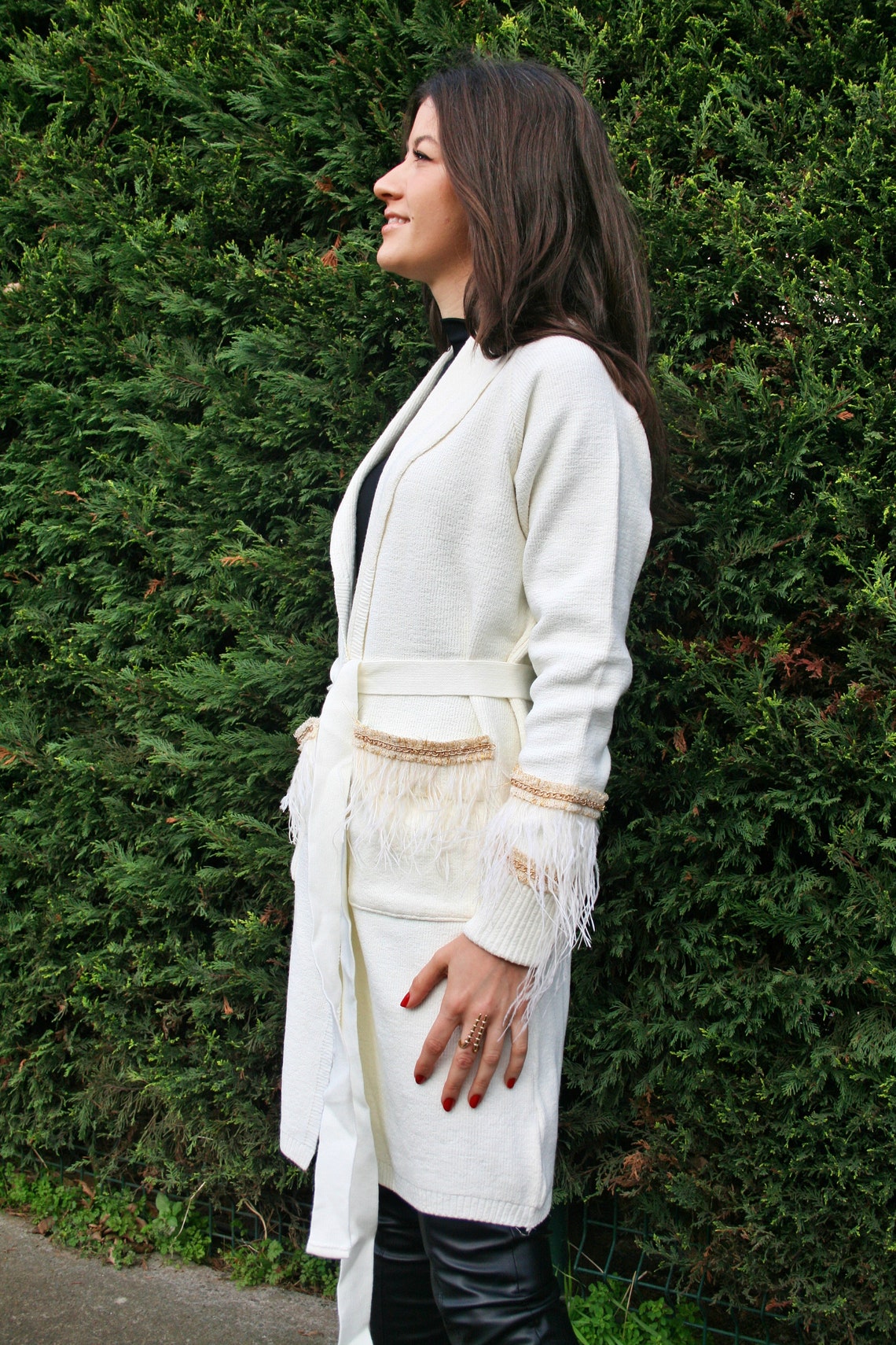 Open Front Tweed Cardigan for Women / Fringed Chain Detailed Sweater ...