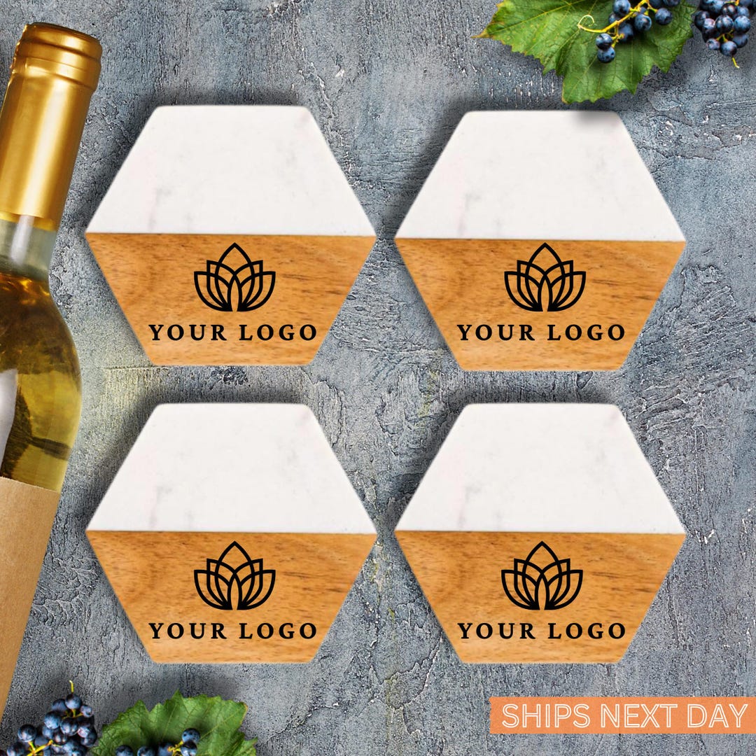 Engraved Company Logo Coasters, Marble & Wood, Corporate Gift Set - Etsy