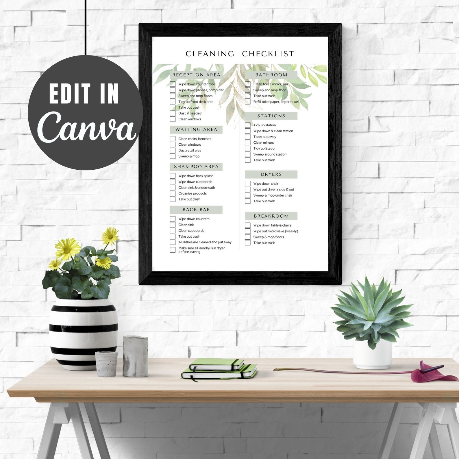 Salon Cleaning Checklist, Greenery Themed Salon Cleaning Checklist ...