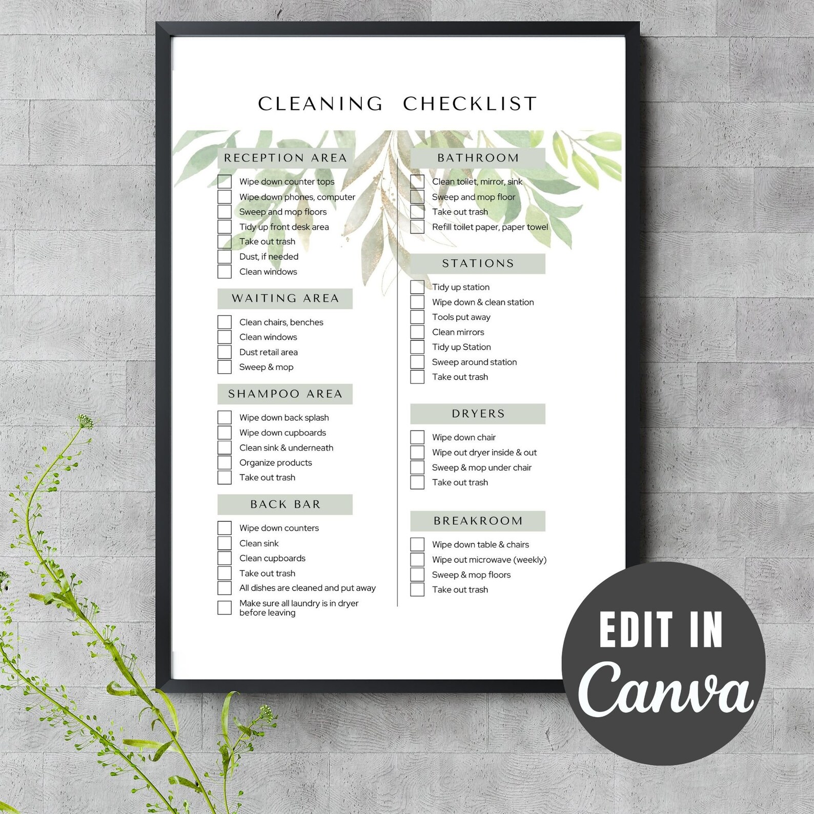 Salon Cleaning Checklist, Greenery Themed Salon Cleaning Checklist ...