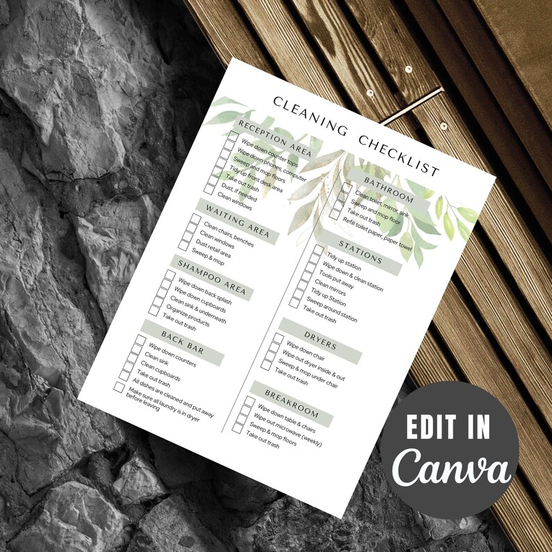 Salon Cleaning Checklist, Greenery Themed Salon Cleaning Checklist ...