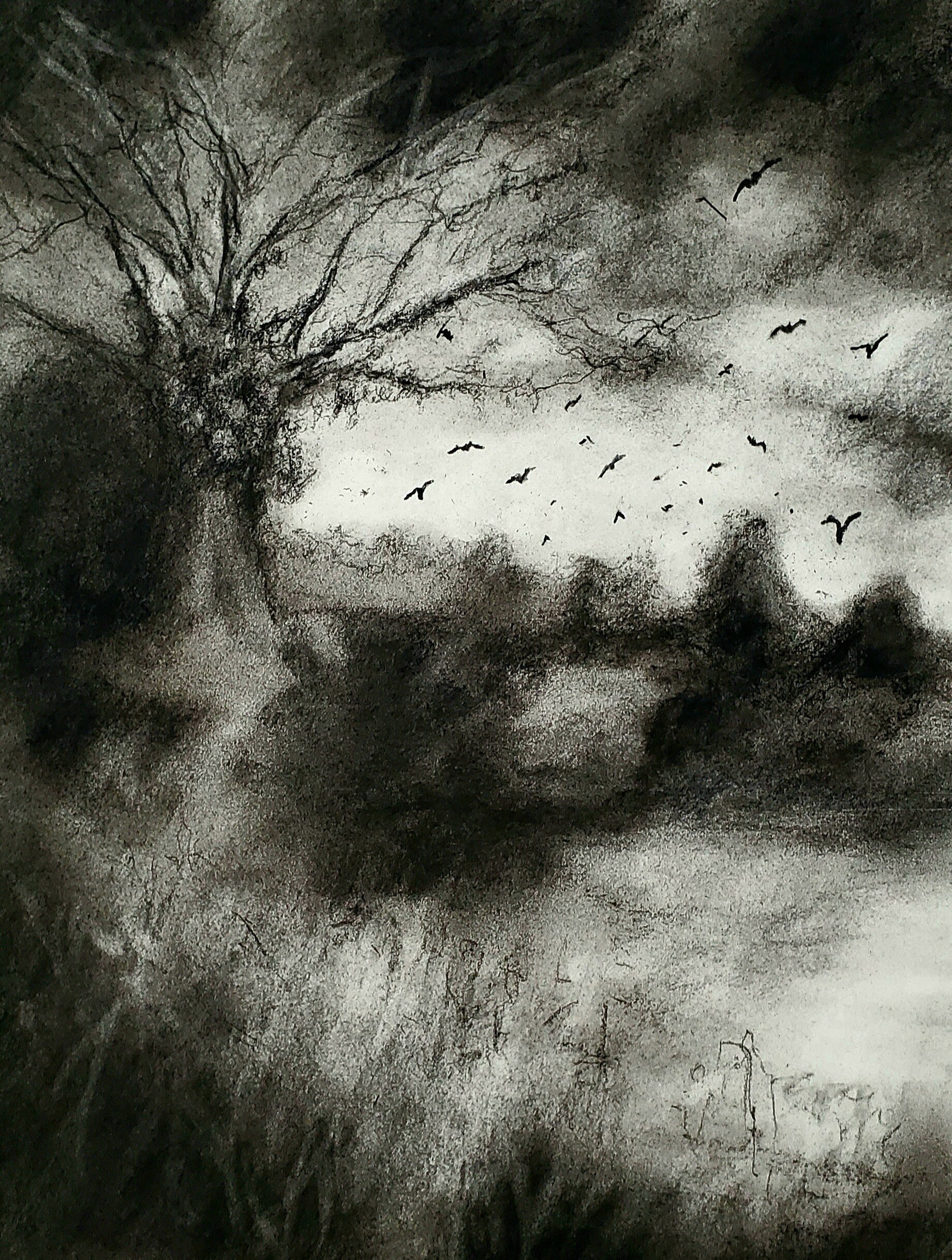 Moody Landscape Print, Black and White Landscape, Charcoal Drawing ...
