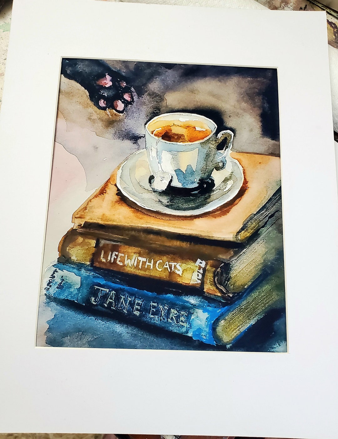 Funny Cat Art Print, Tea, Books, and Cat Watercolor Painting, Book ...