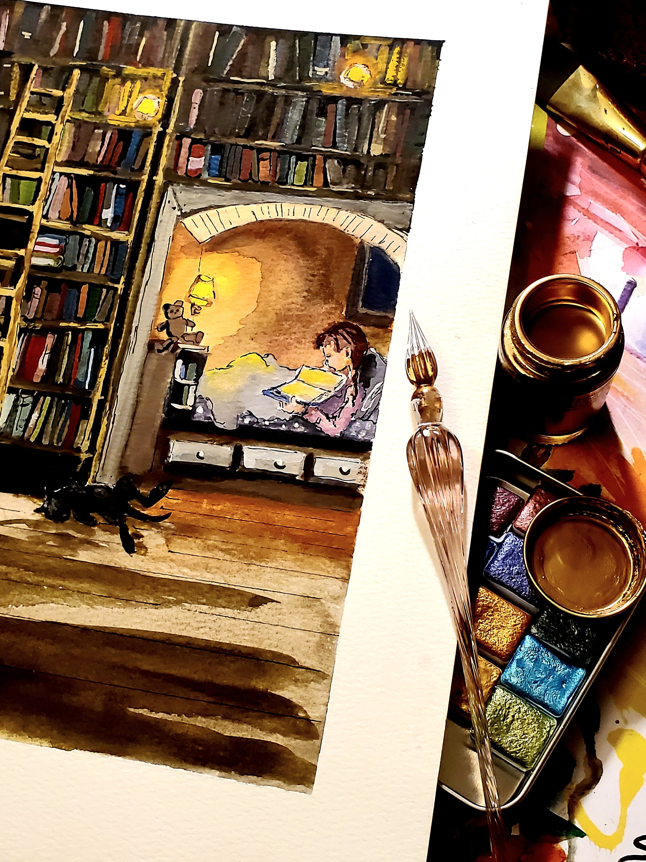 Book Nook Print, Library Print, Cat Art, Girl Reading, Children's Art ...