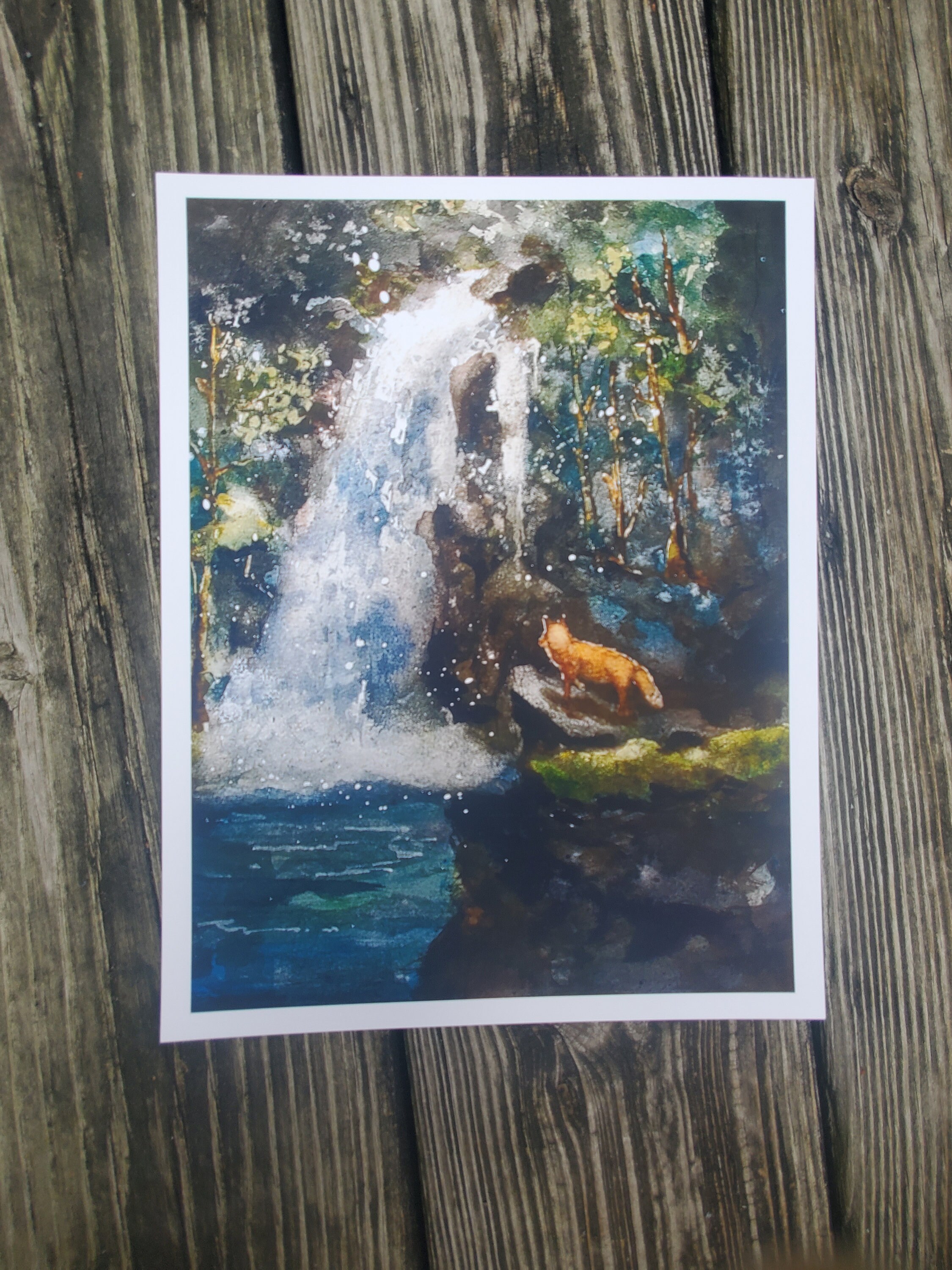 Watercolor Fox Art Print, Woodland Waterfall Scene - Etsy