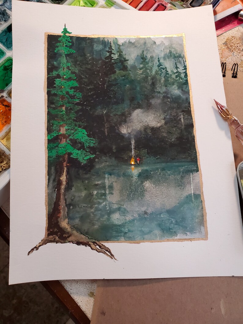 Cozy Fire Print, Woodland Print, Campfire Art, Camping Painting, Forest ...
