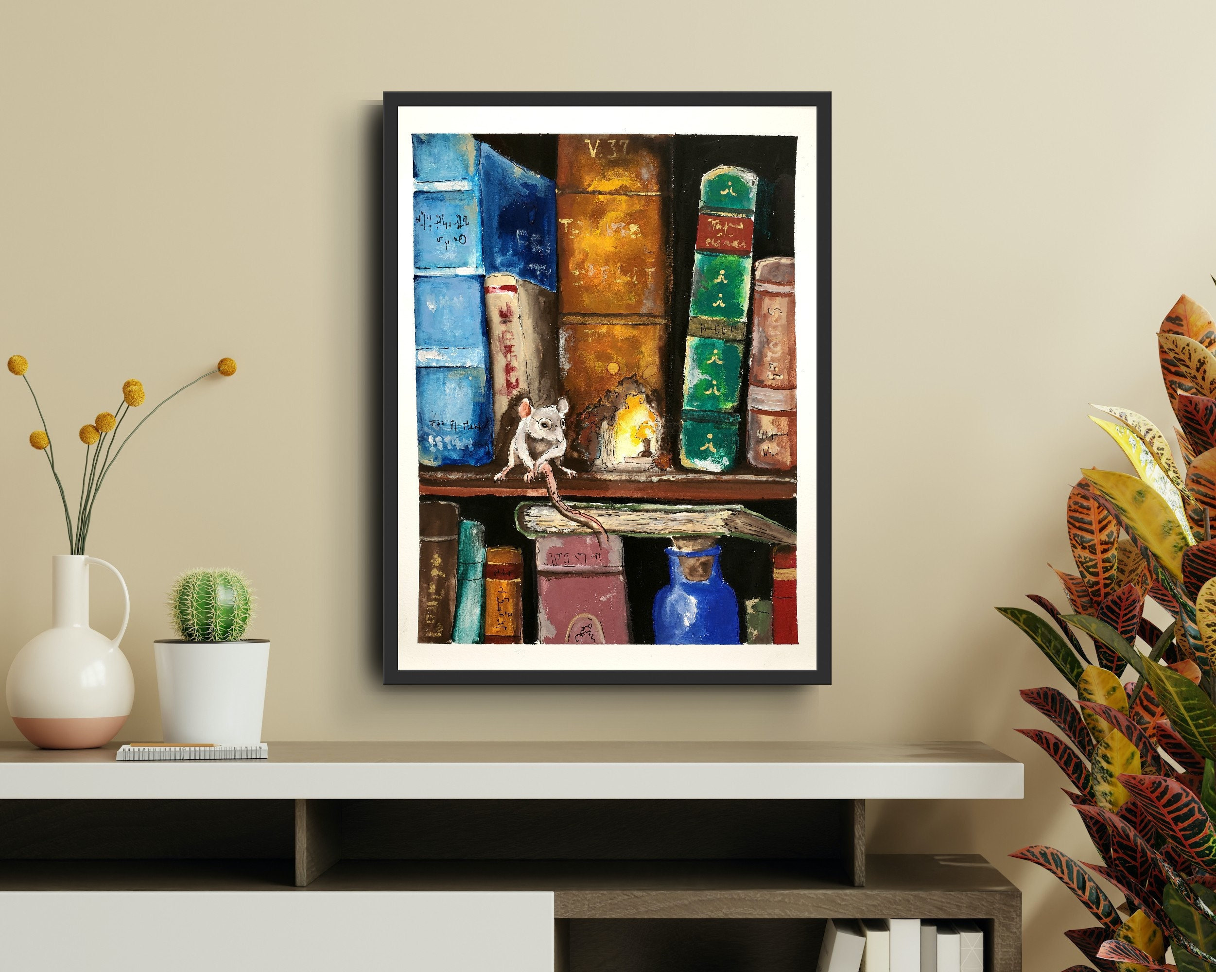 Mouse Print, Library Art, Mouse Watercolor, Book Nook Art, Children ...