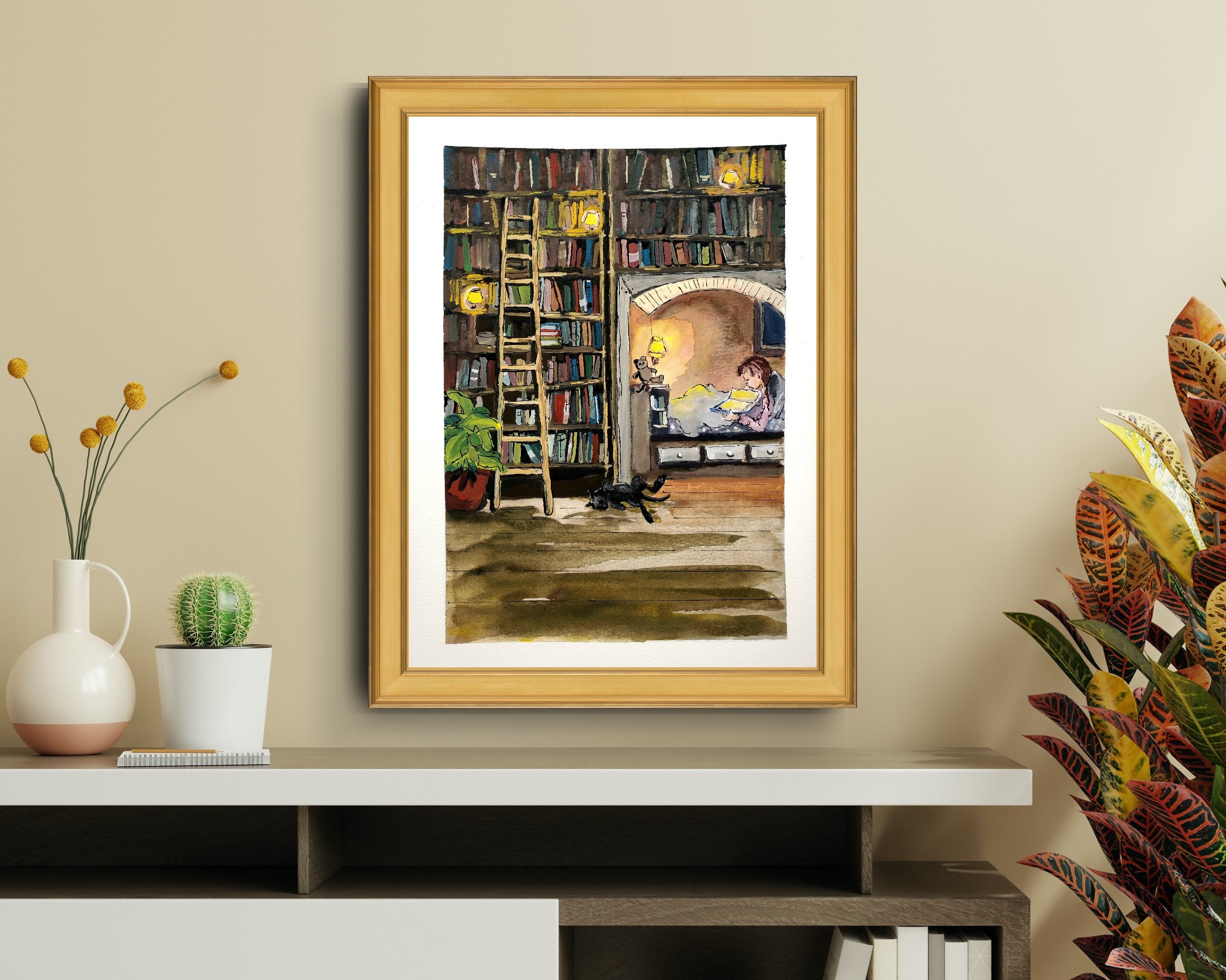 Book Nook Print, Library Print, Cat Art, Girl Reading, Children's Art ...
