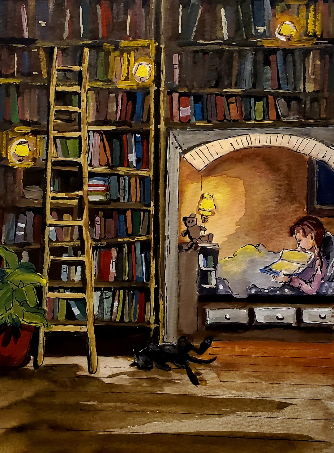 Book Nook Print, Library Print, Cat Art, Girl Reading, Children's Art ...