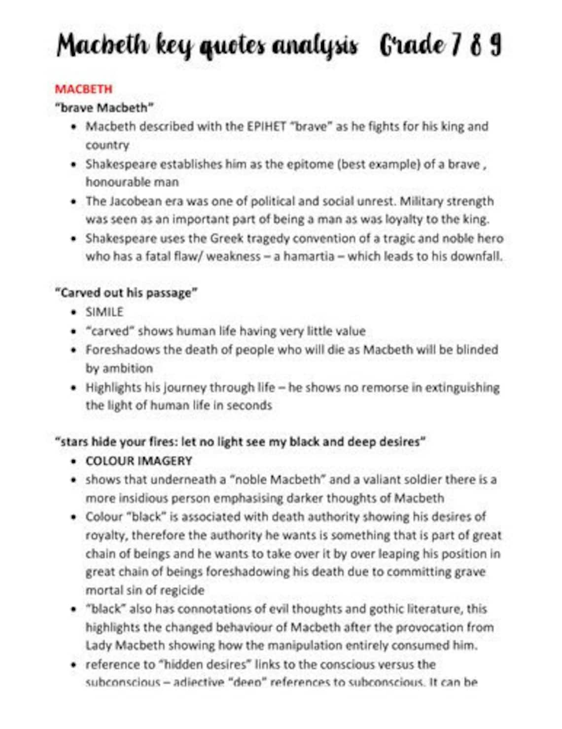 Macbeth Quotes and Analysis Grade 7/8/9 Analysis - Etsy