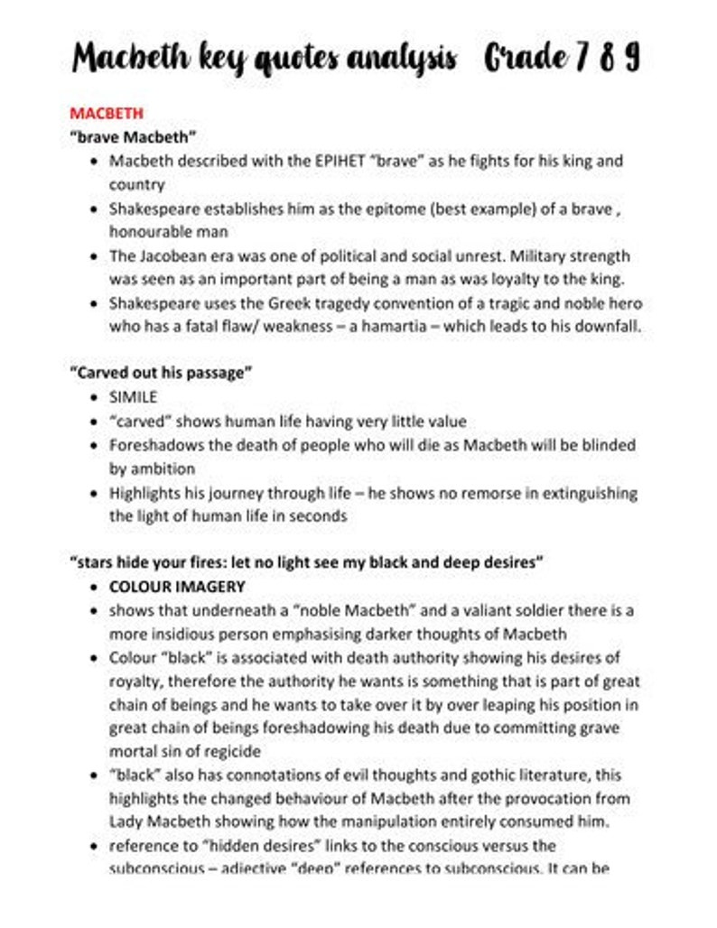 Macbeth Quotes and Analysis Grade 7/8/9 Analysis - Etsy
