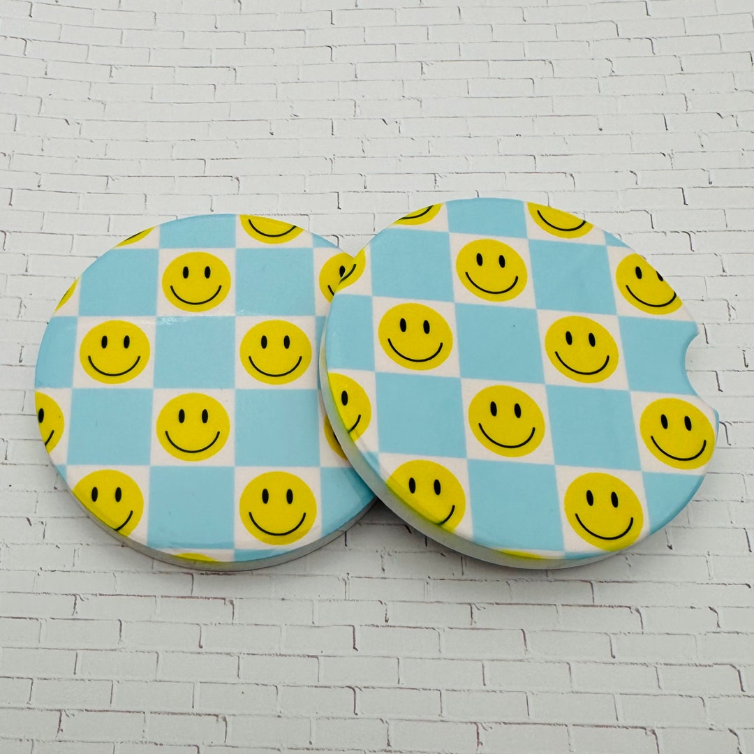 Blue Checkered Smiley Face Car Coasters - Set of 2, Smiley Face Car ...