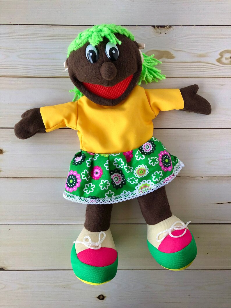 African American Girl Hand Puppet- Green Hair- Teaching Kids Diversity ...