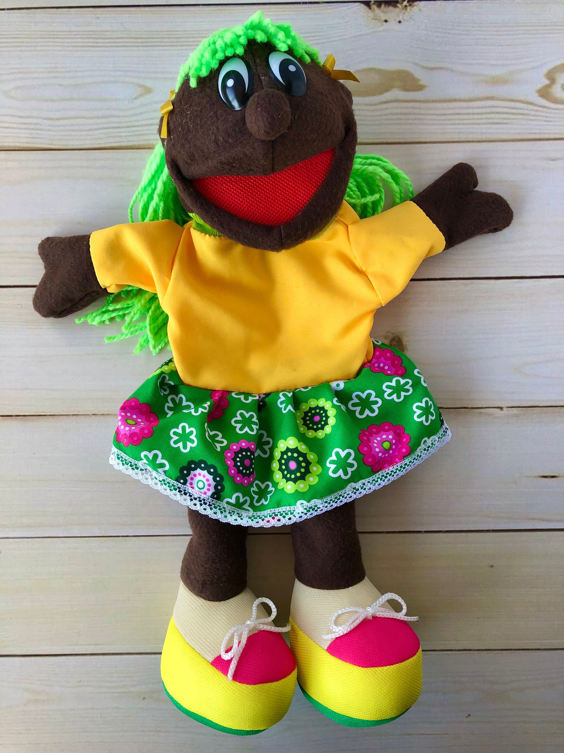 African American Girl Hand Puppet- Green Hair- Teaching Kids Diversity ...